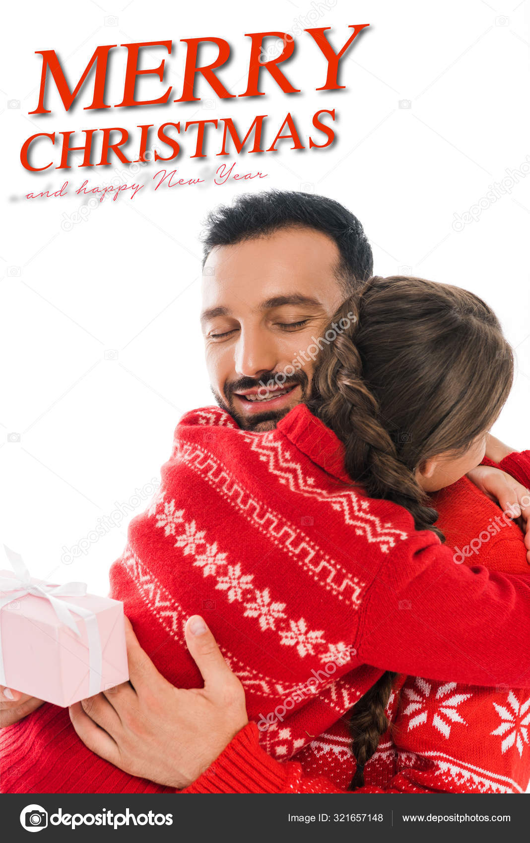 Back View Daughter Hugging Happy Father Christmas Present Isolated ...