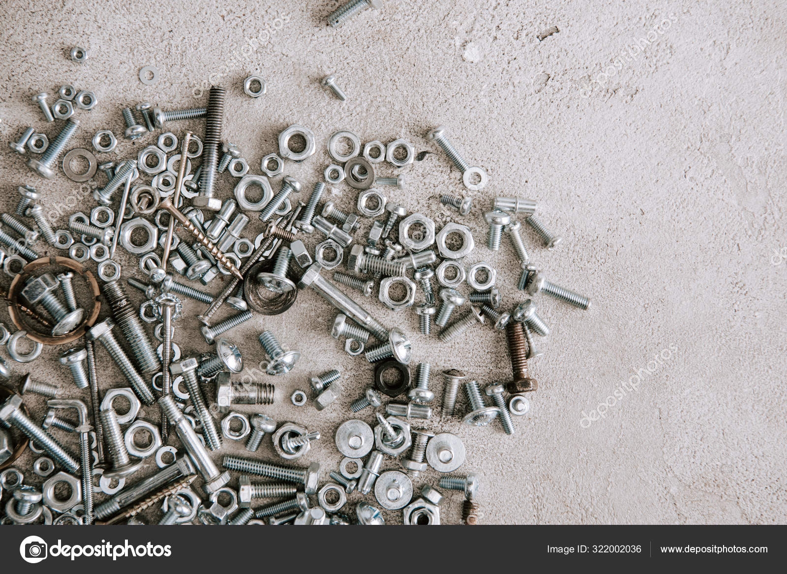 Top View Metal Screws Nails Scattered Grey Background — Stock Photo ...