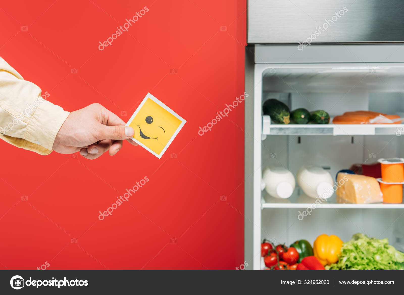 Cropped View Man Holding Smiley Face Open Fridge Fresh Food Stock Photo ...