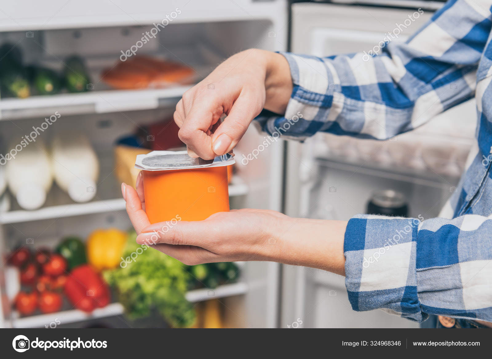 Cropped View Woman Opening Yogurt Open Fridge Fresh Food Shelves Stock ...