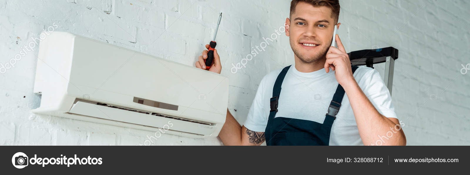 Panoramic Shot Happy Installer Holding Screwdriver While Talking ...