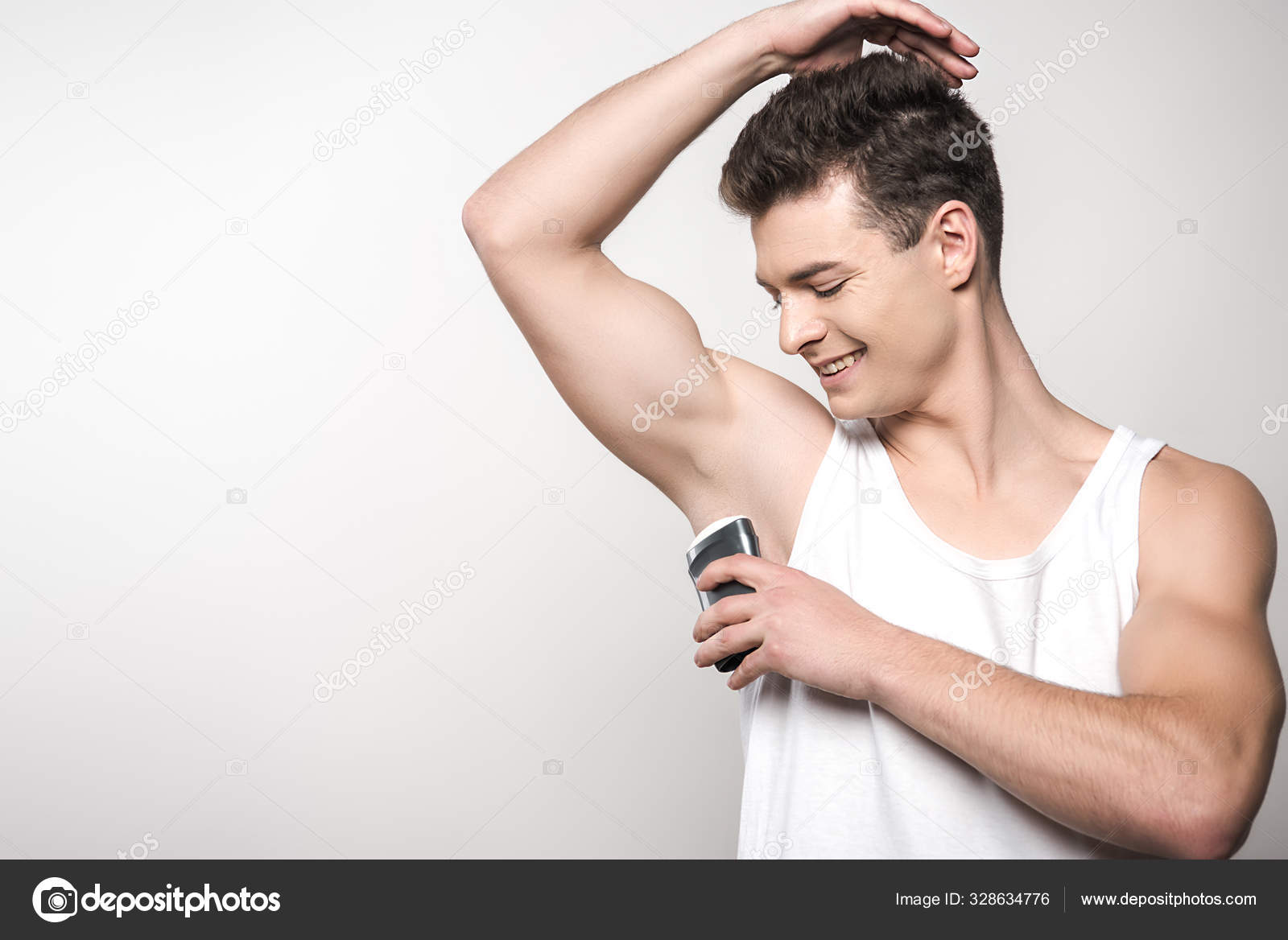 Smiling Man White Sleeveless Shirt Applying Deodorant Underarm Isolated ...