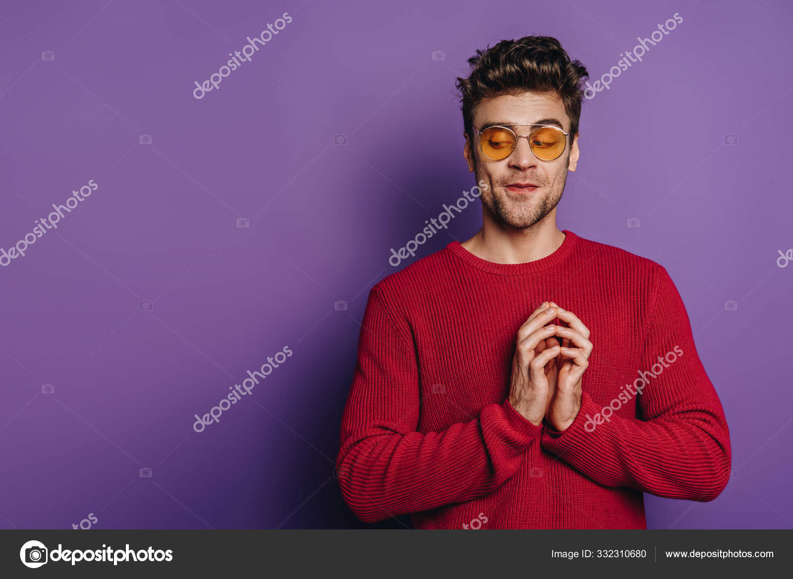 Cunning Man Gesturing Joined Fingers Purple Background Stock Photo by ...