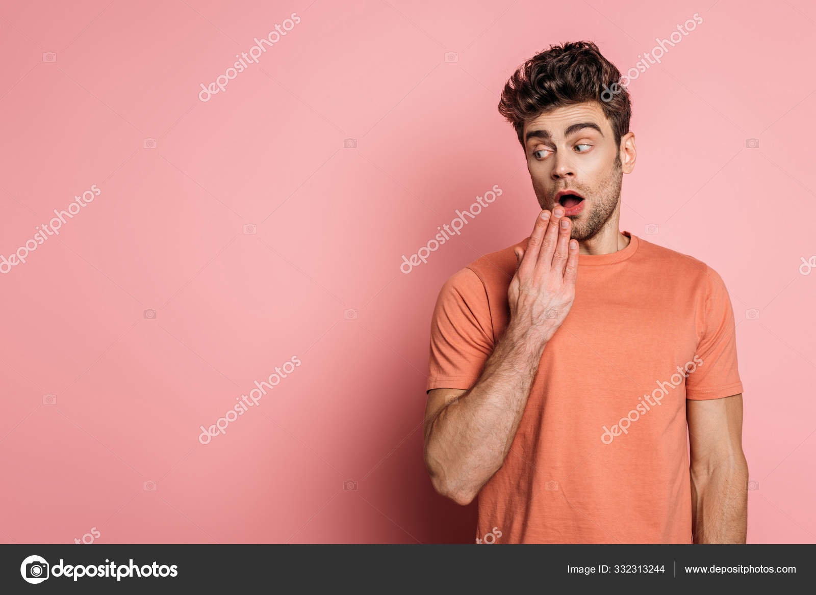 Shocked Young Man Holding Hand Mouth While Looking Away Pink Stock ...