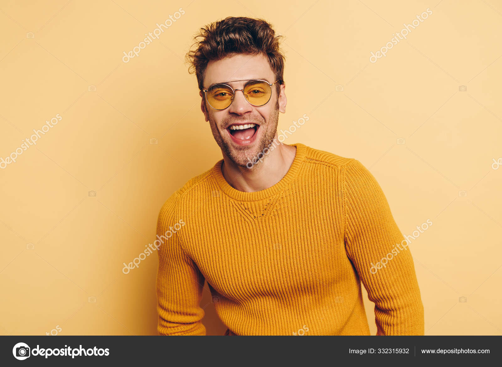 Handsome Man Glasses Laughing Camera Yellow Background Stock Photo by ...