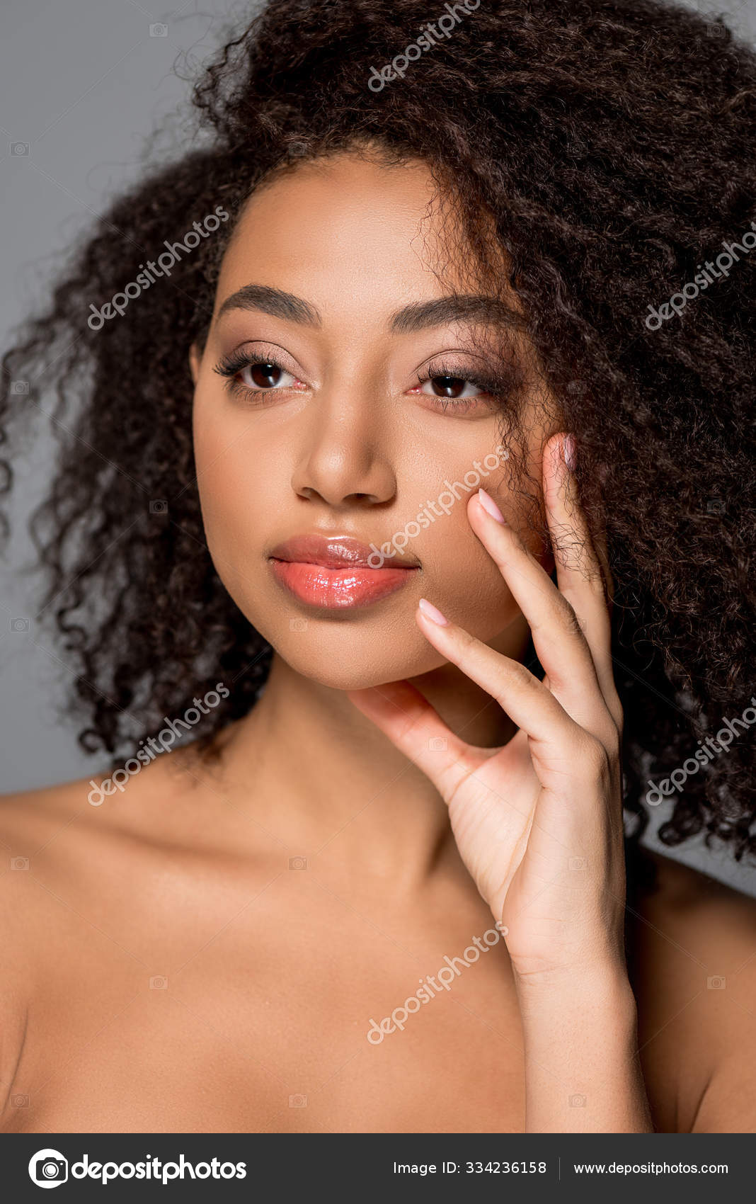 Portrait Attractive African American Girl Beautiful Lips Isolated Grey