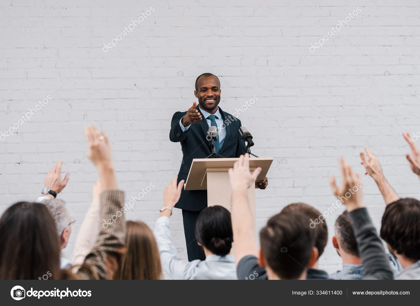 Back View Journalists Raised Hands Happy African American Speaker ...