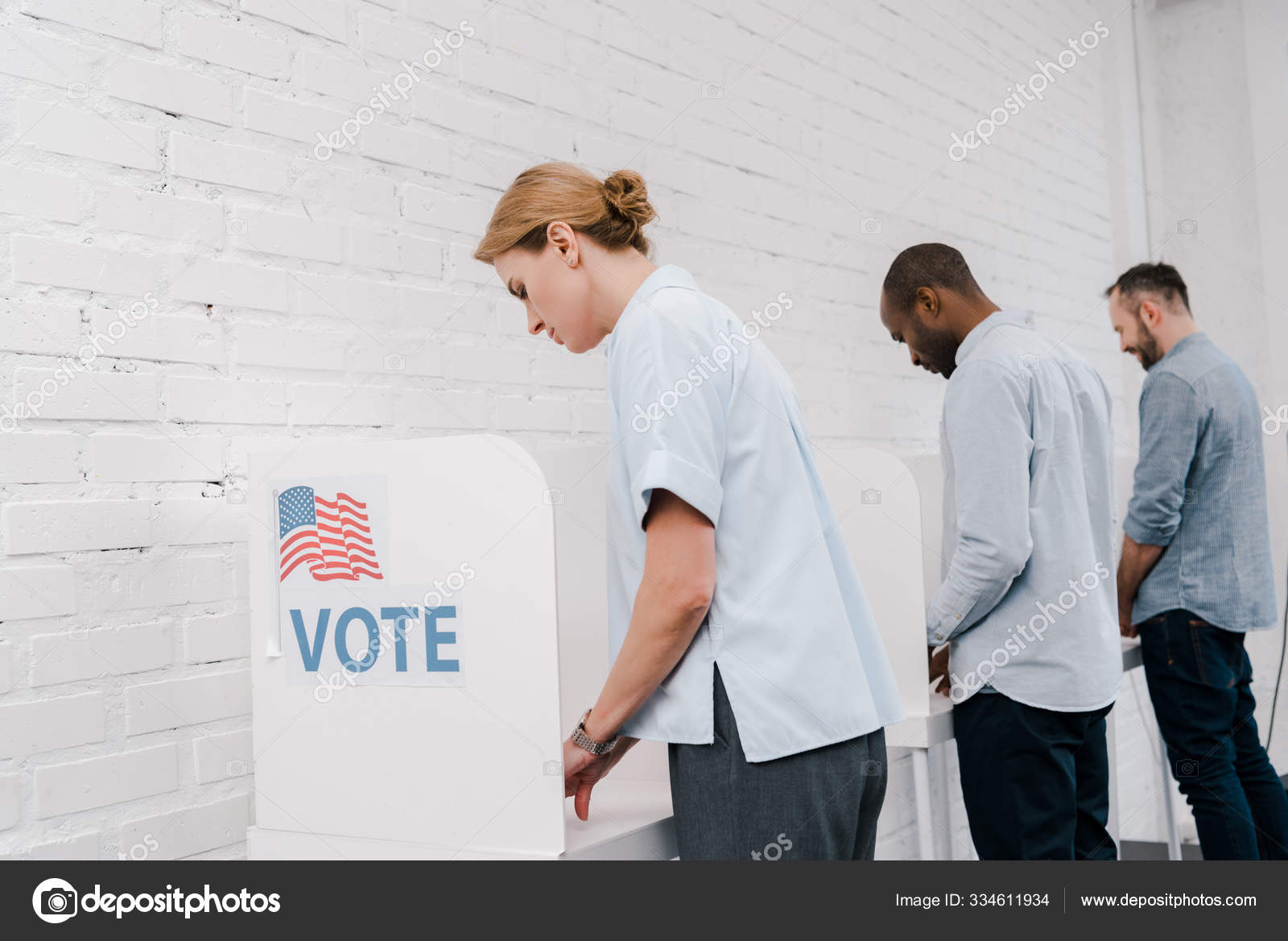 Selective Focus Multicultural Citizens Voting Brick Wall Stock Photo by ...