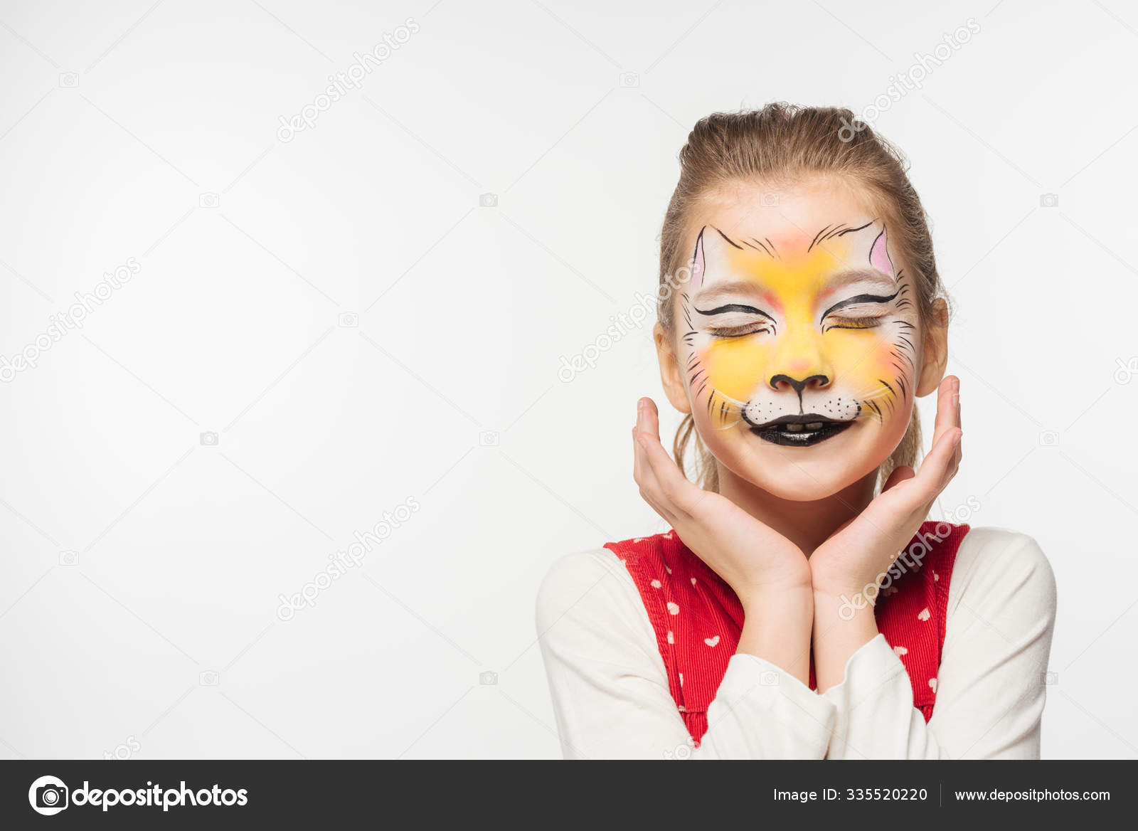 Cute Kid Tiger Muzzle Painting Face Holding Hands Face While — Stock ...