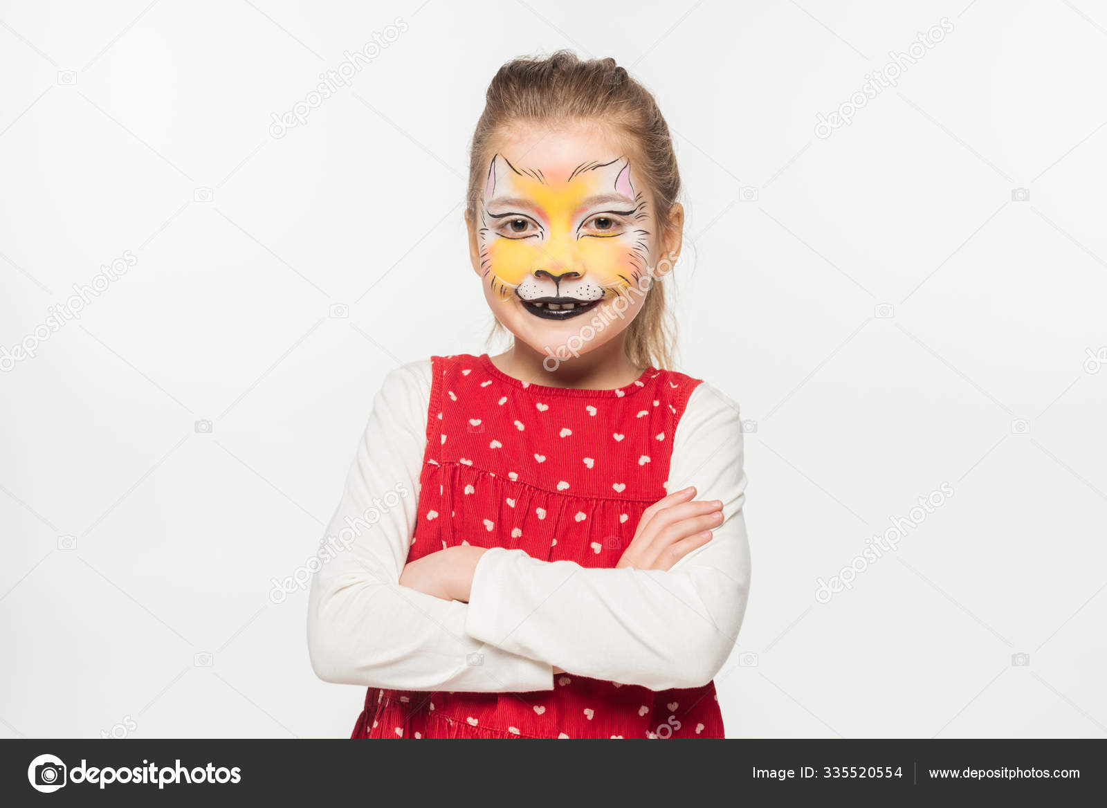 Cute Kid Tiger Muzzle Painting Face Standing Crossed Arms While ⬇ Stock ...