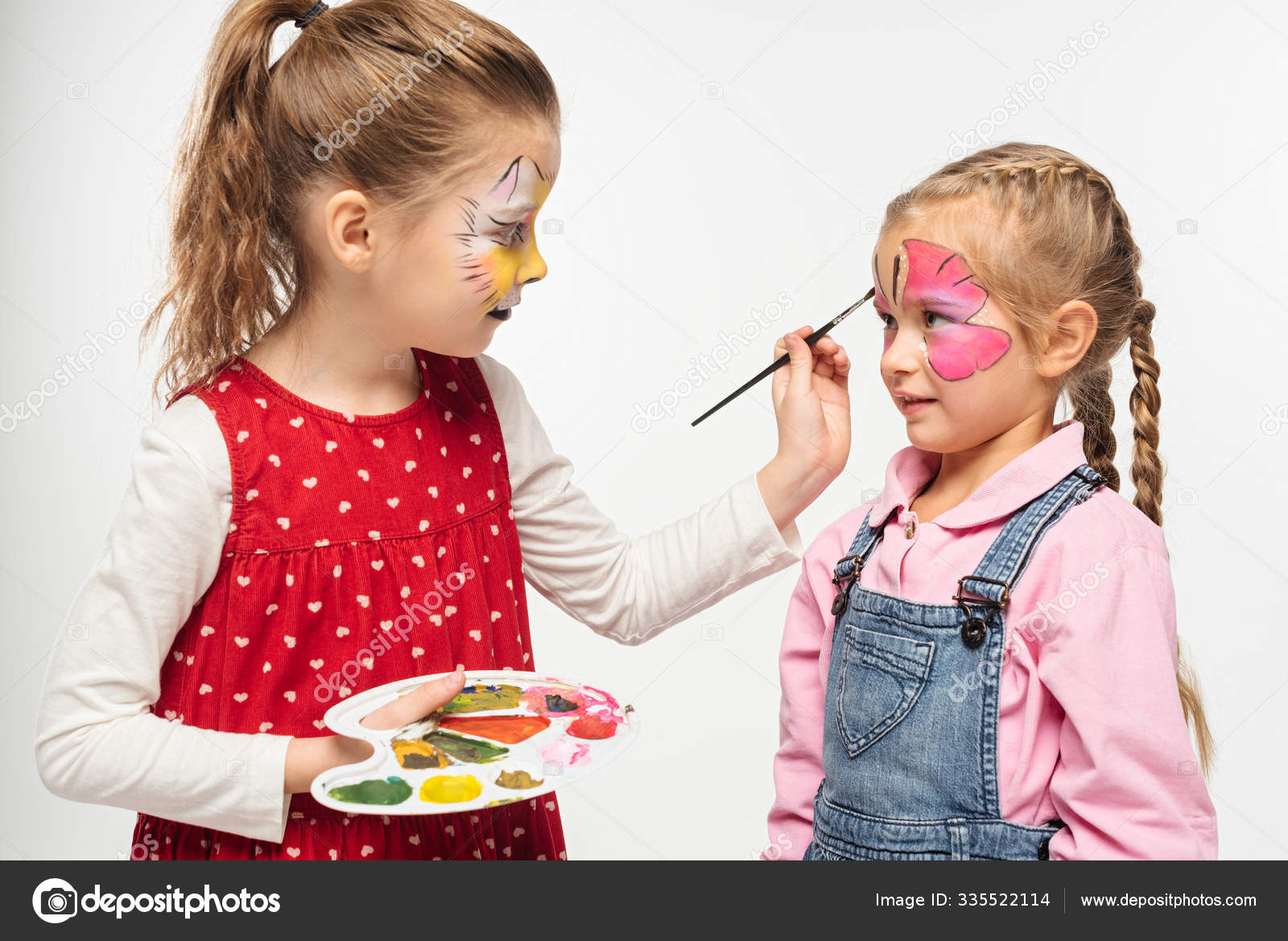 Cute Child Cat Muzzle Face Painting Butterfly Mask Face Friend — Stock ...