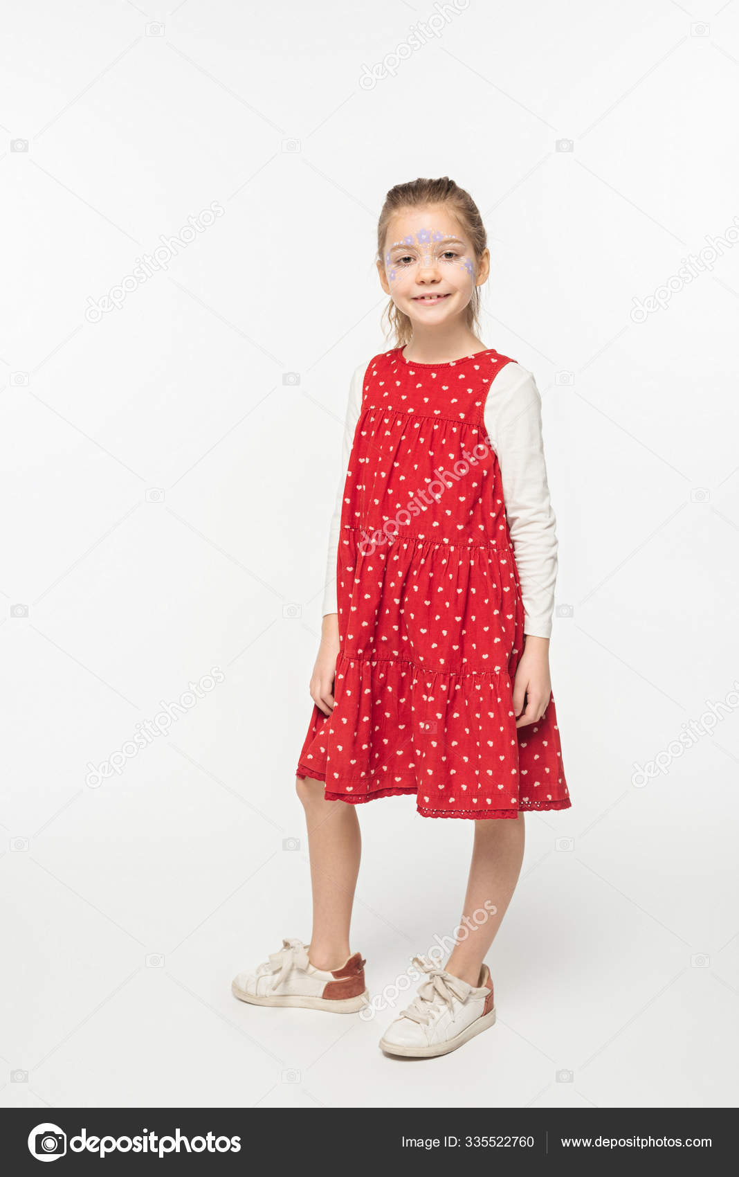 Full Length View Adorable Child Floral Painting Face Standing White ...