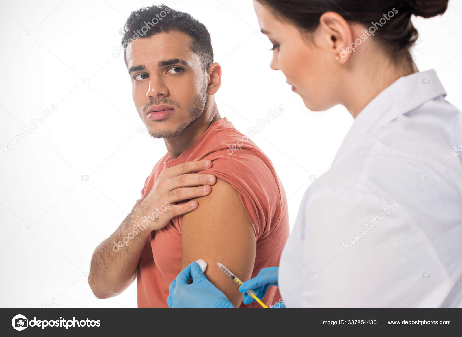 Side View Patient Looking Doctor Cotton Wool Syringe Isolated White ...