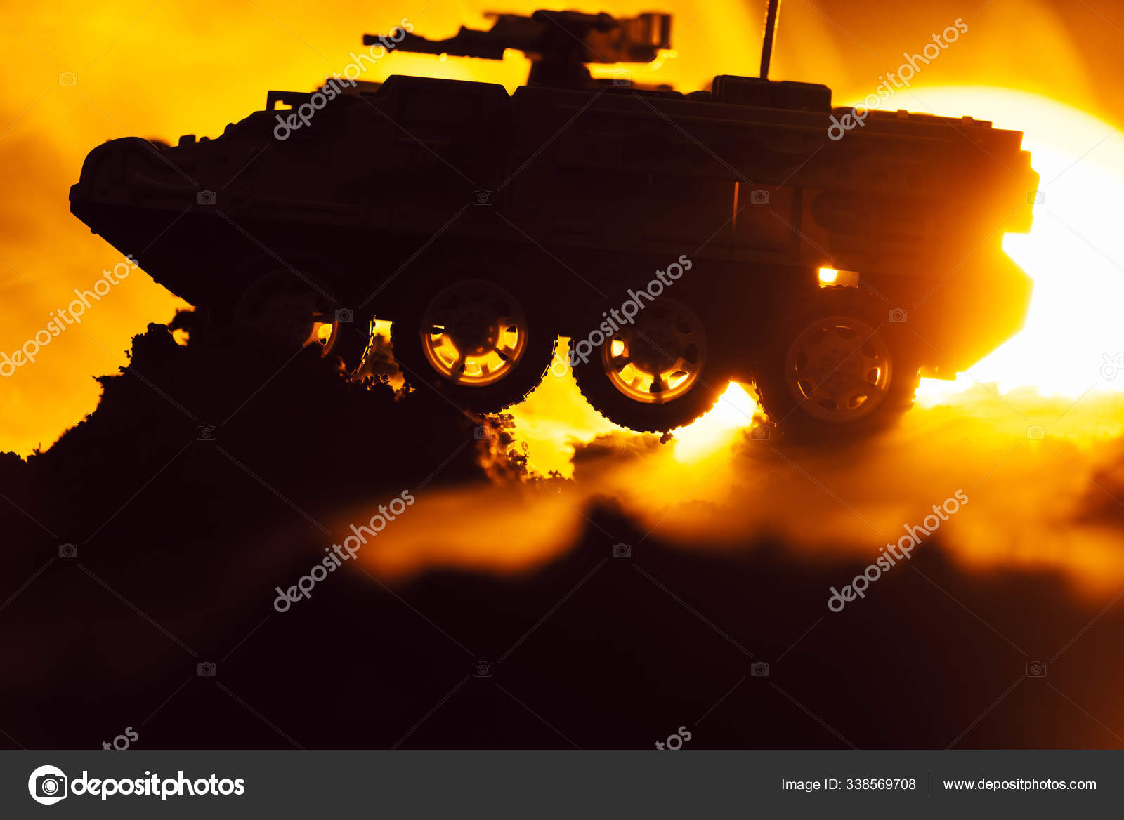 Battle Scene Toy Tank Fire Sunset Background — Stock Photo ...