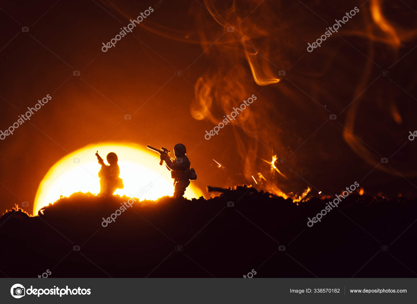 Battle Scene Toy Soldiers Battleground Smoke Sunset Background Stock ...