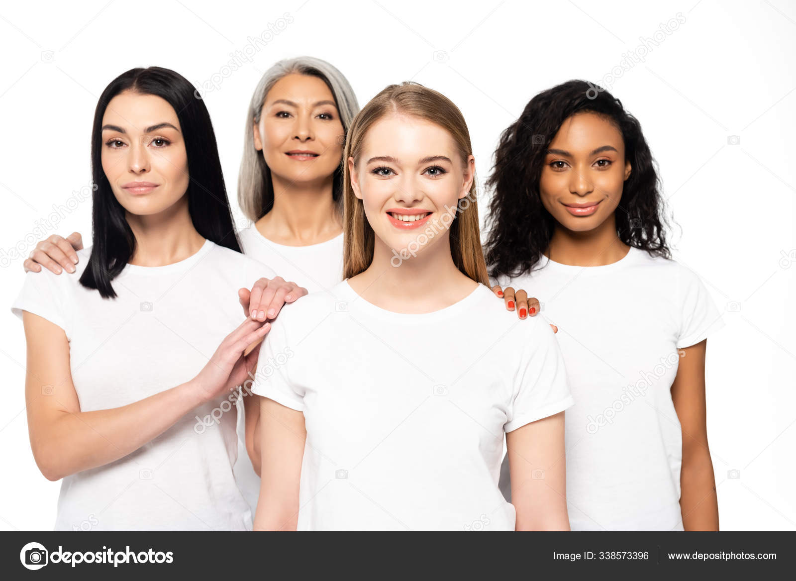 Happy Multicultural Women White Shirts Looking Camera Isolated White ...