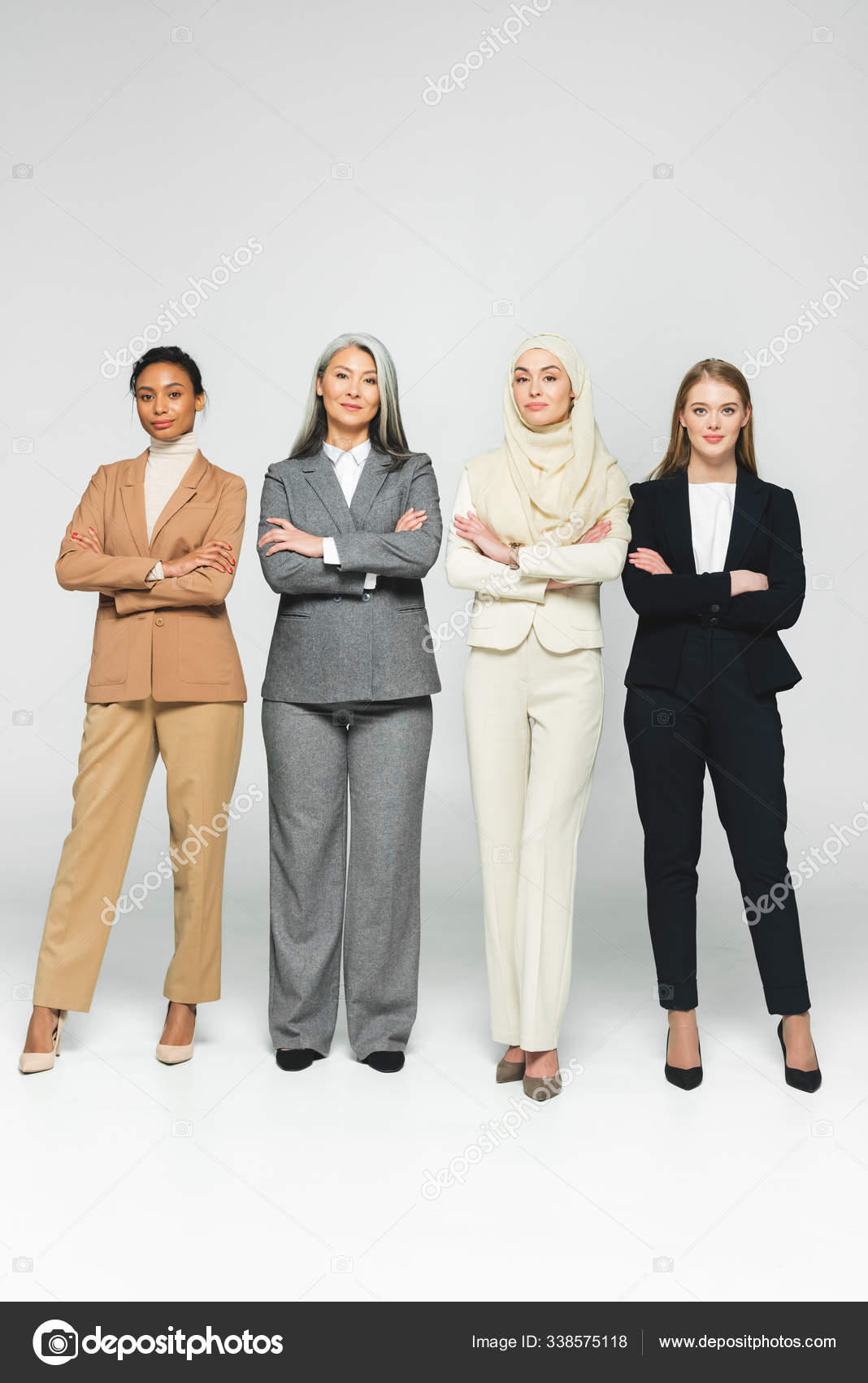 Beautiful Multicultural Women Standing Crossed Arms White ⬇ Stock Photo ...