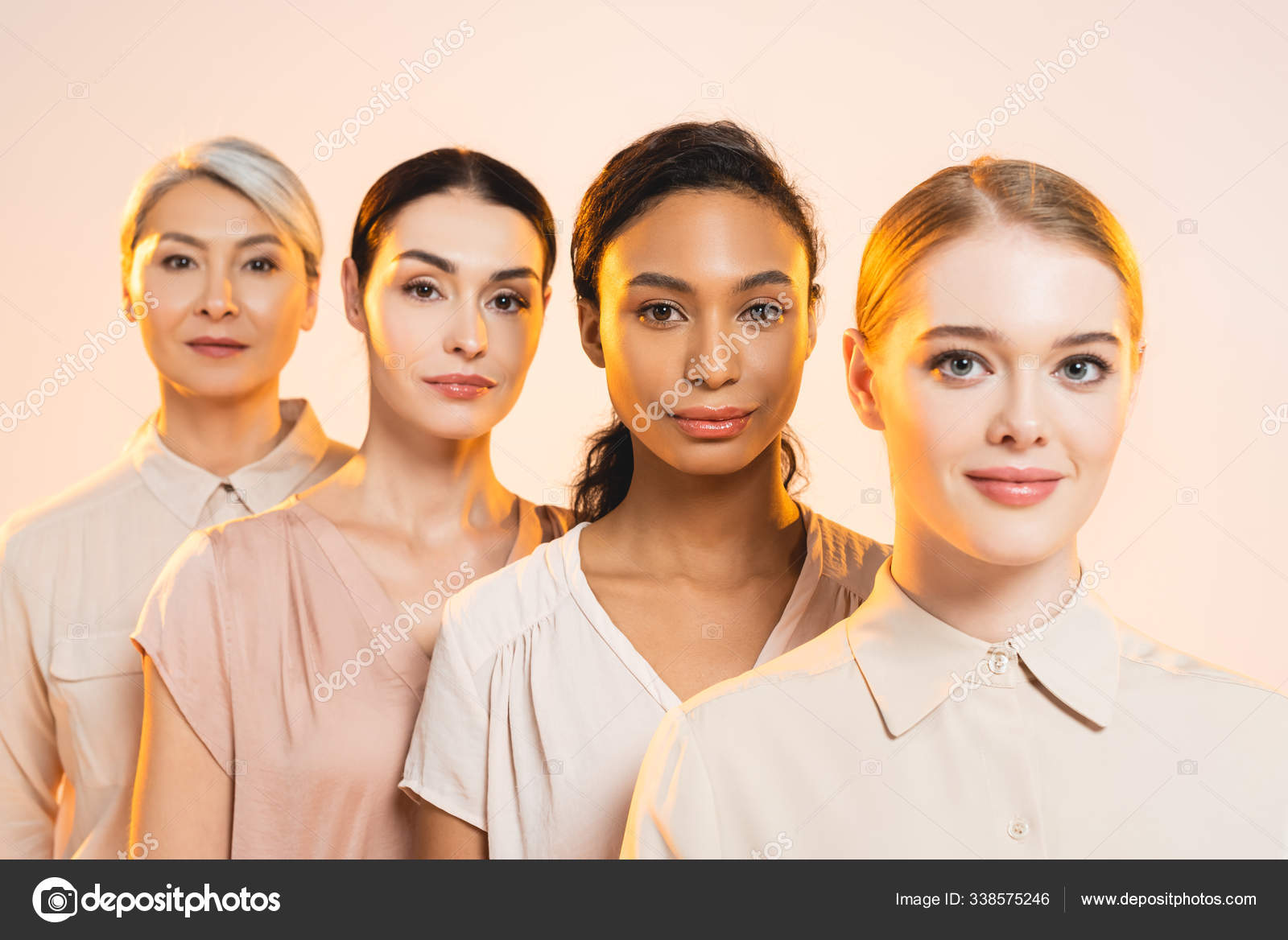 Selective Focus Happy Multicultural Women Looking Camera Isolated Beige ...