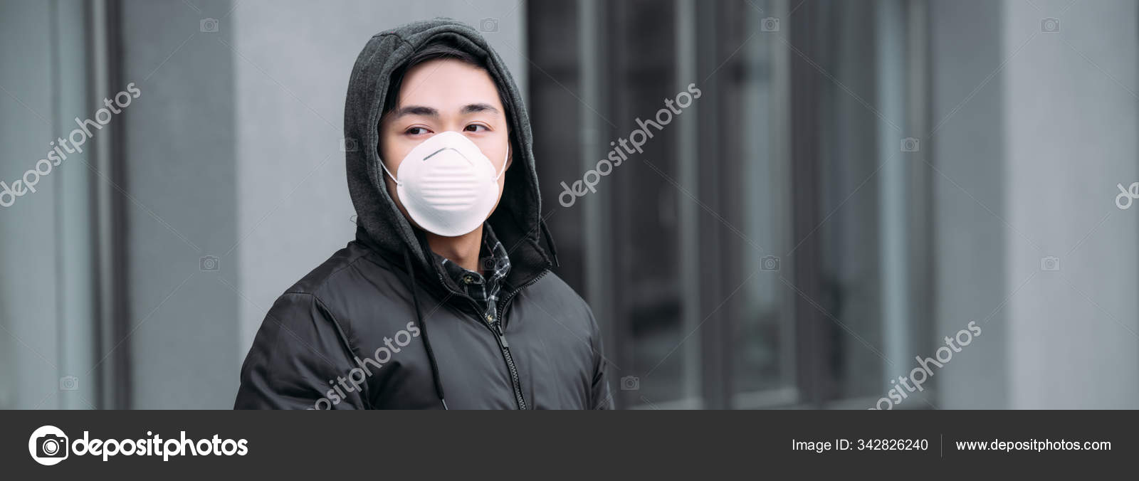 Panoramic Shot Young Asian Man Respirator Mask Looking Away While ...