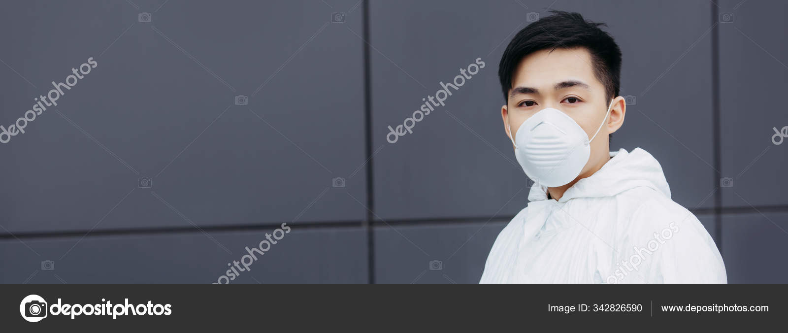 Panoramic Shot Asian Epidemiologist Hazmat Suit Respirator Mask Looking ...