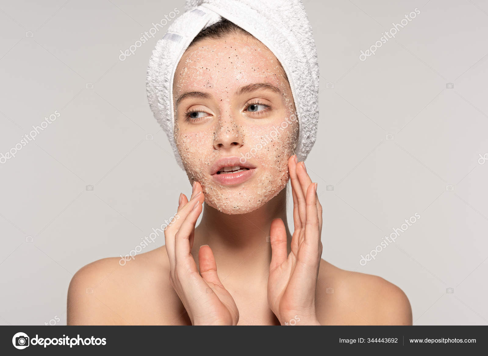 Attractive Girl Towel Head Applying Coconut Scrub Face Isolated Grey ...