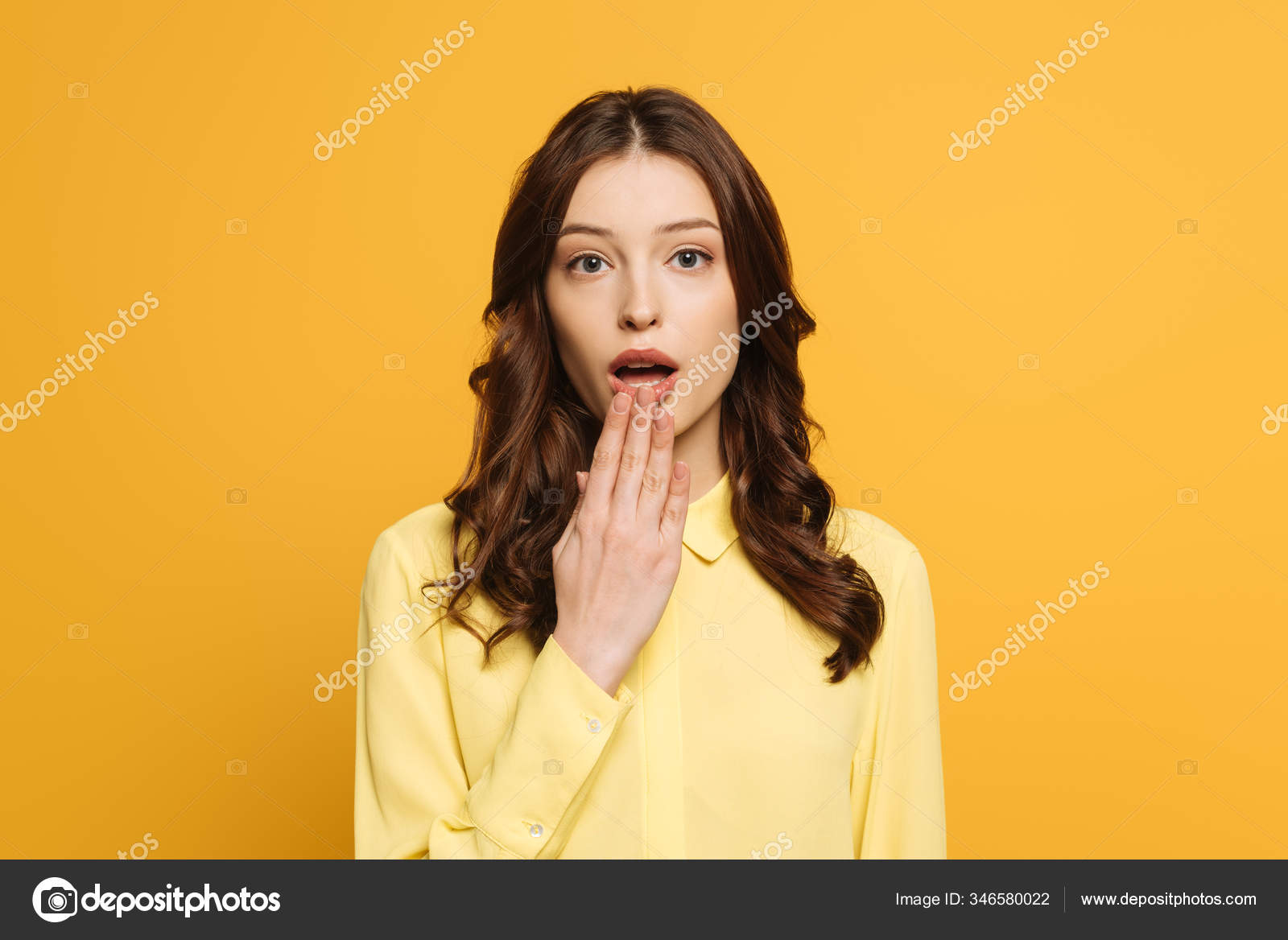 Shocked Girl Holding Hand Open Mouth While Looking Camera Isolated