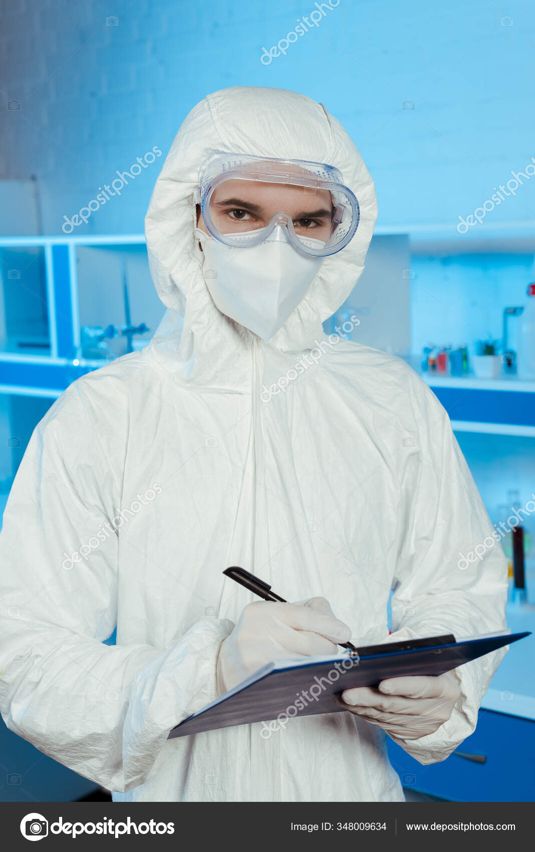 Scientist Hazmat Suit Goggles Holding Clipboard Pen — Stock Photo ...