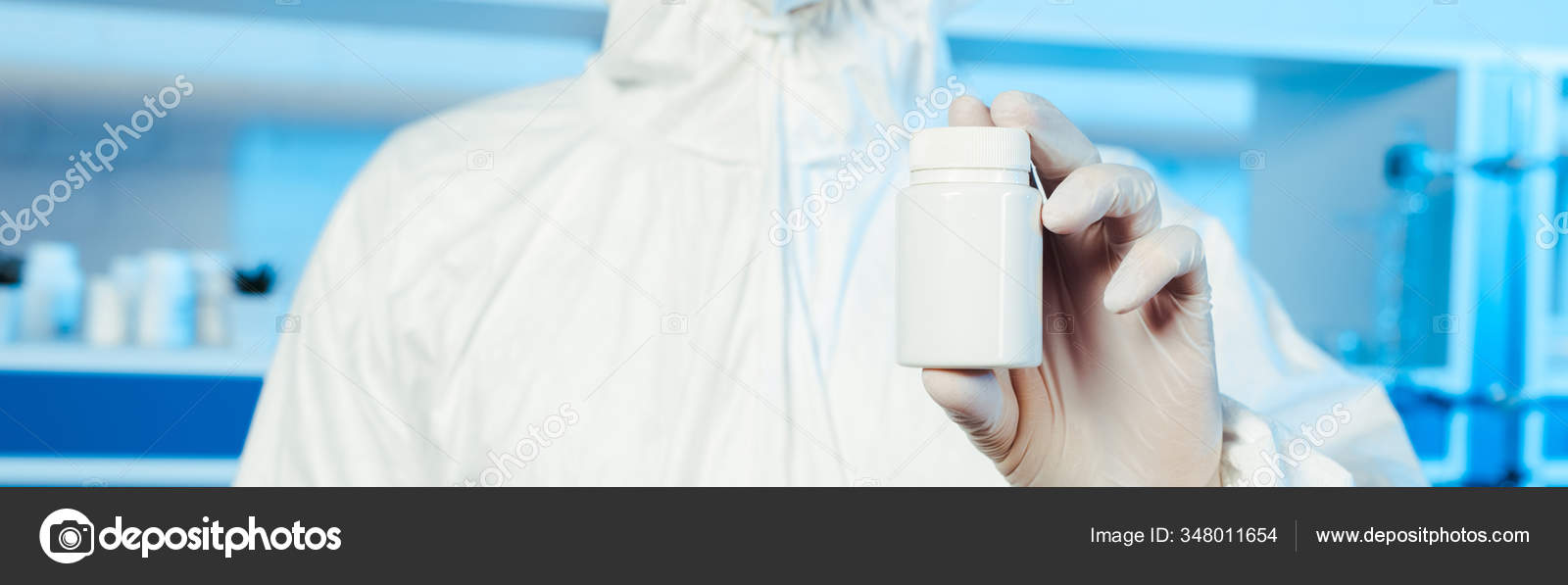 Panoramic Shot Scientist Hazmat Suit Holding Bottle Laboratory — Stock ...