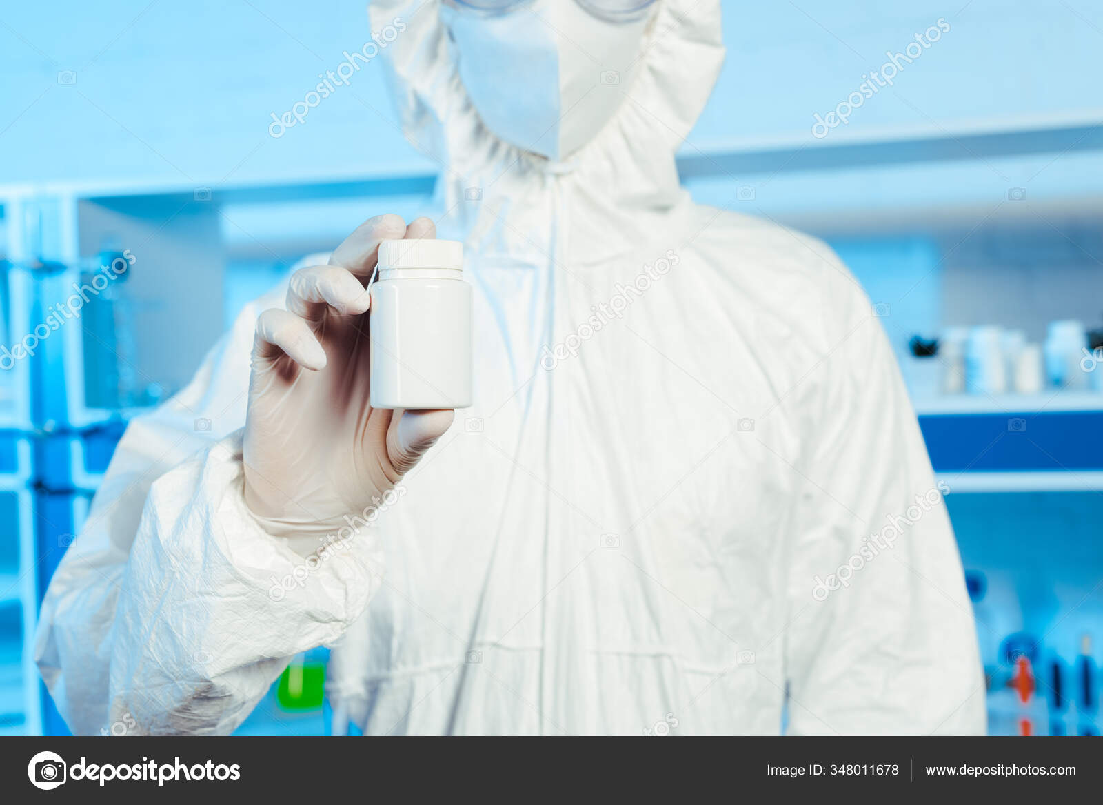 Cropped View Scientist Hazmat Suit Holding Bottle Laboratory — Stock ...