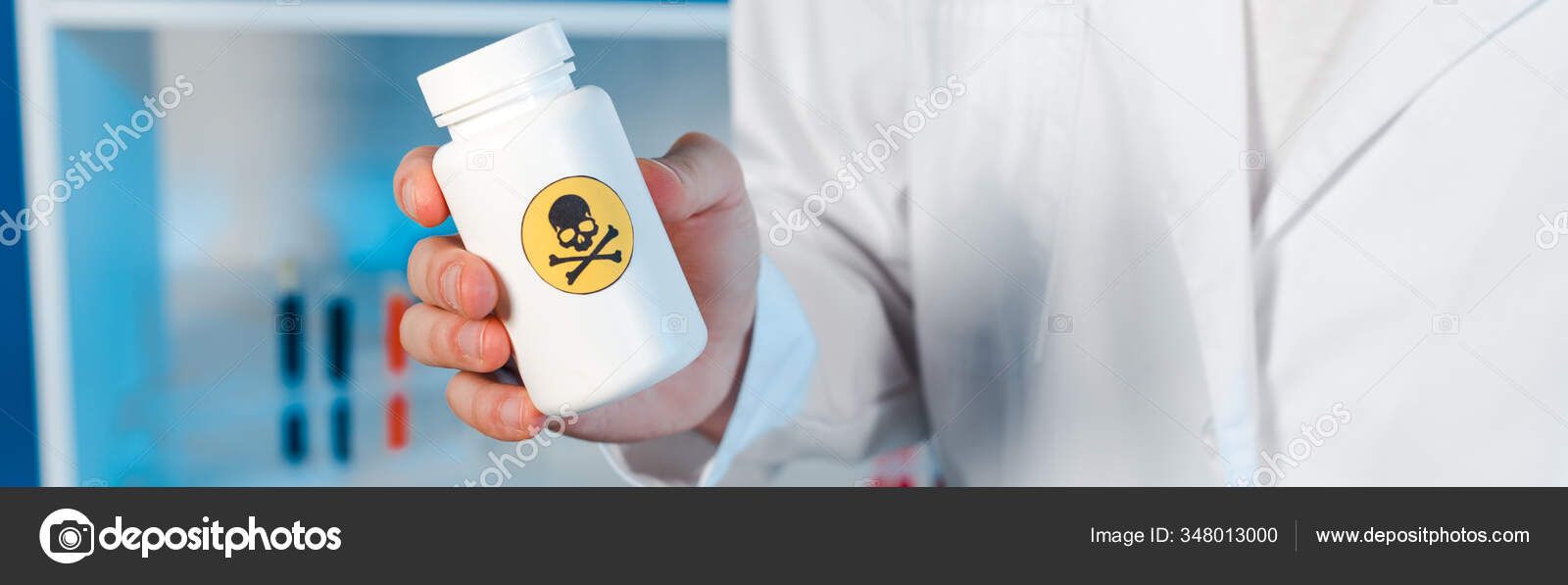 Panoramic Shot Scientist Holding Bottle Toxic Symbol Stock Photo by ...