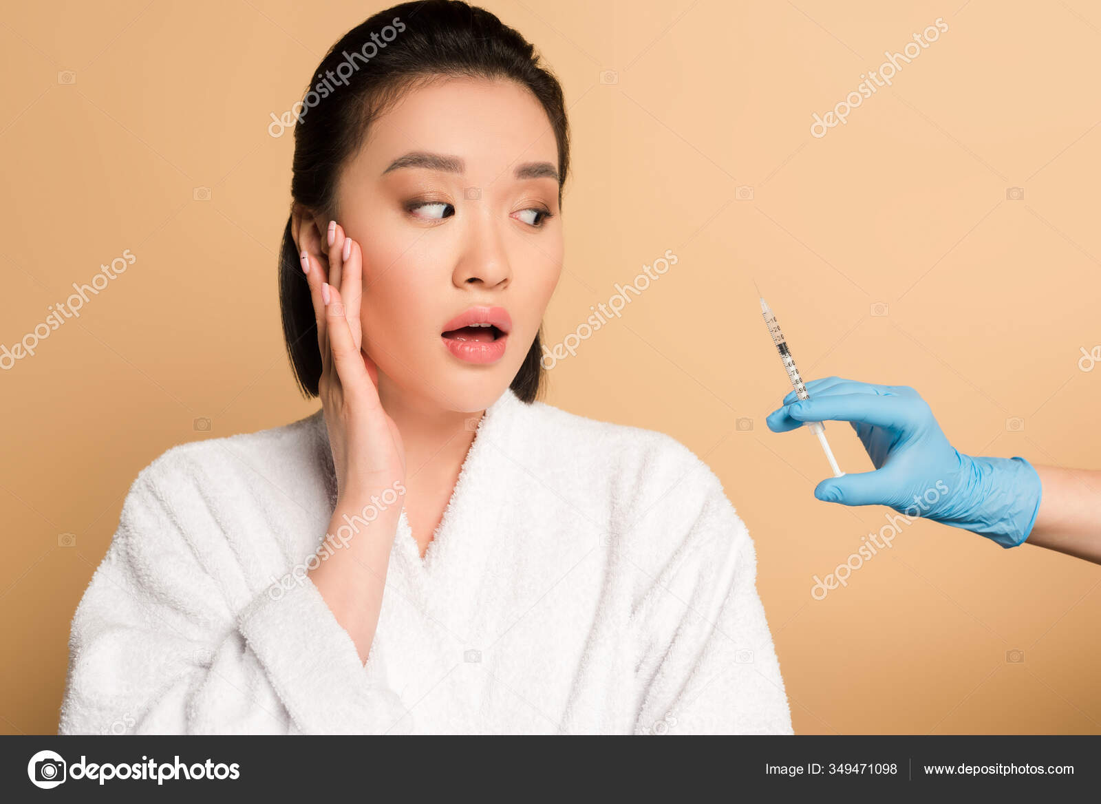 Scared Beautiful Asian Woman Bathrobe Cosmetologist Hand Syringe Beauty ...