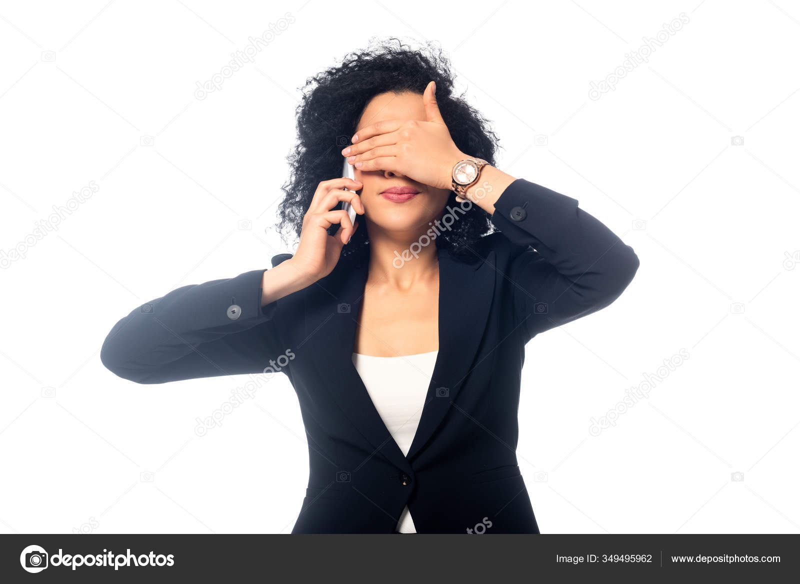 Front View African American Woman Talking Smartphone Covering Face ...
