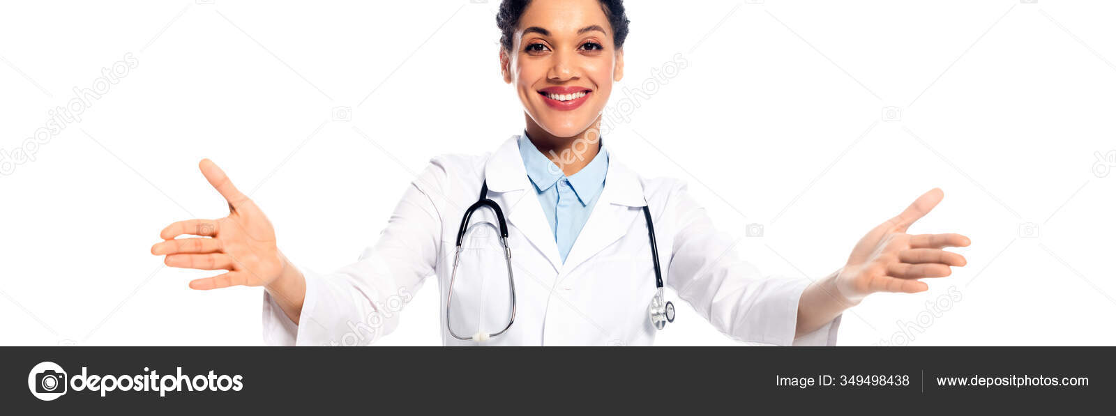 African American Doctor Stethoscope Open Arms Smiling Isolated White ...