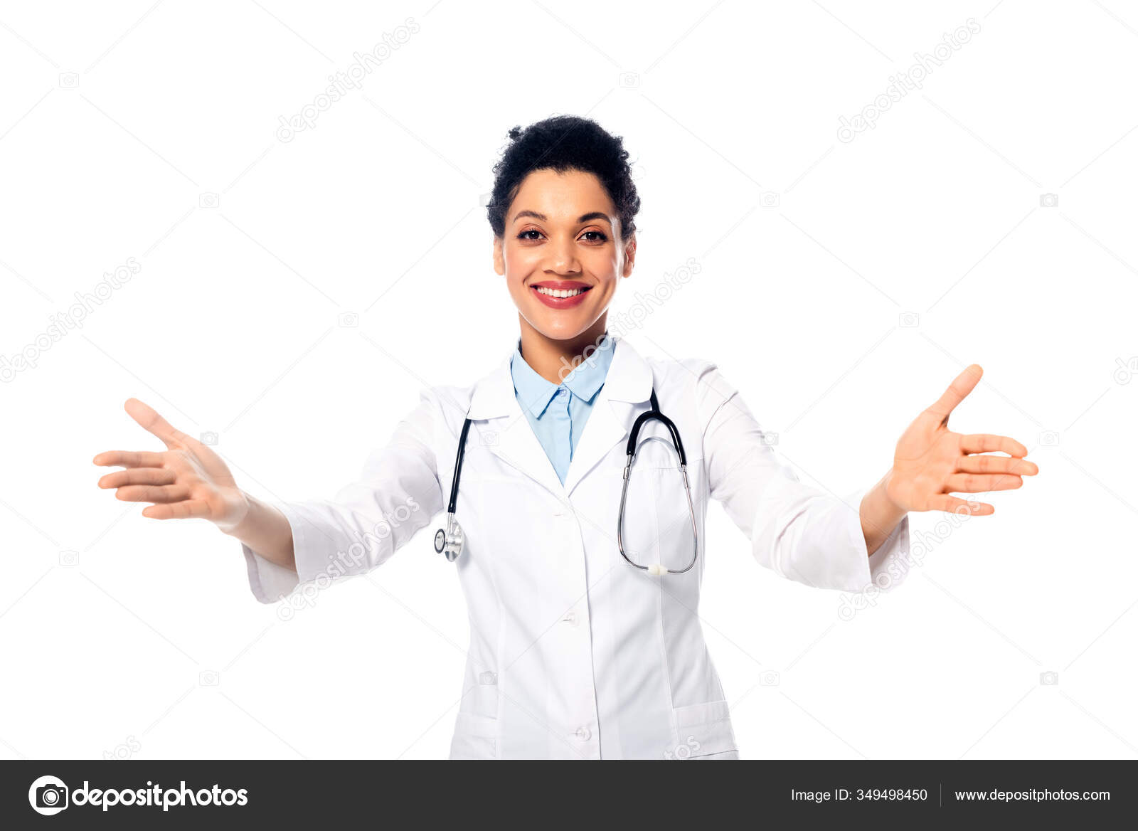 African American Doctor Stethoscope Open Arms Smiling Isolated White ...