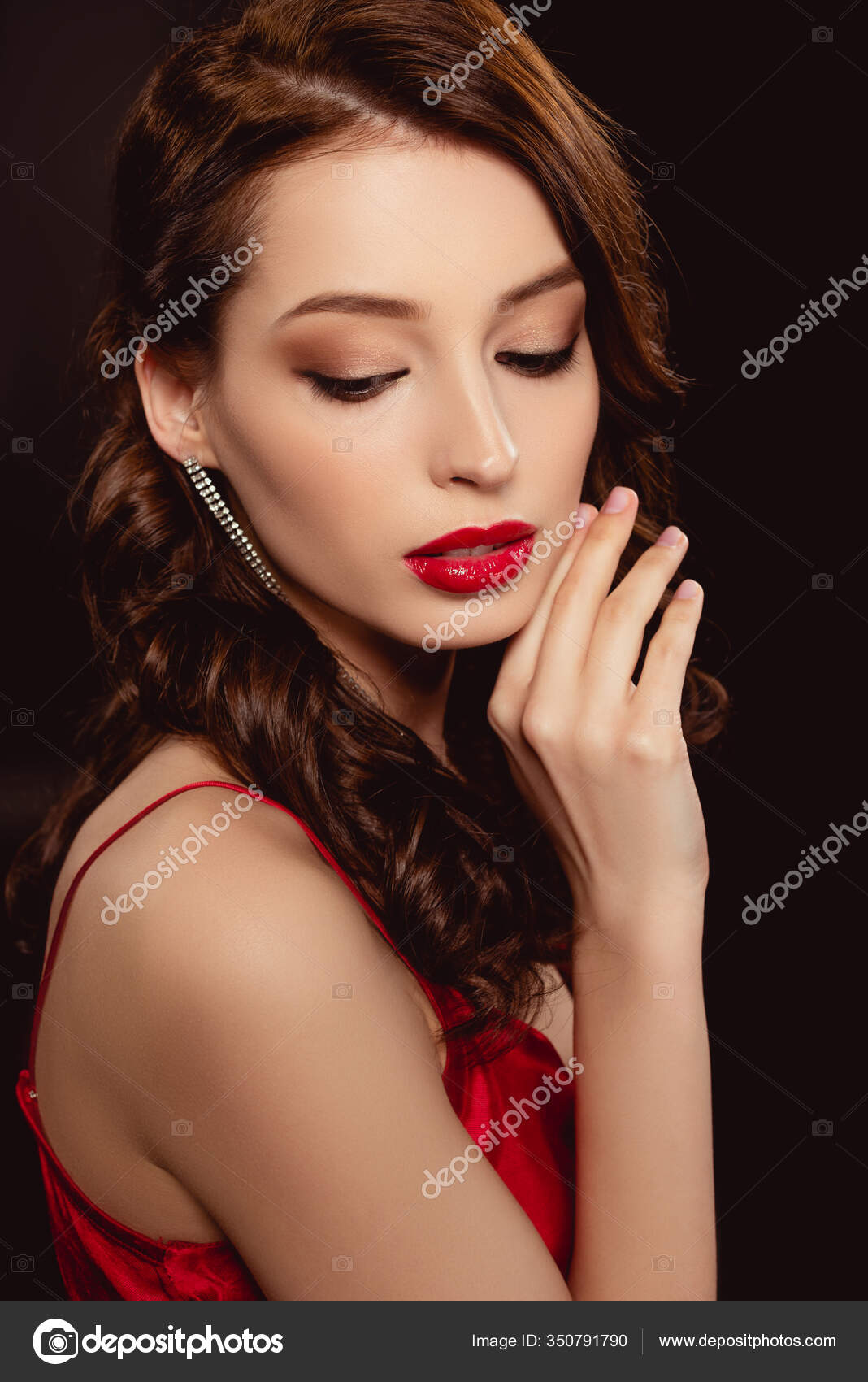 Side View Attractive Brunette Woman Red Lips Hand Face Isolated Stock ...