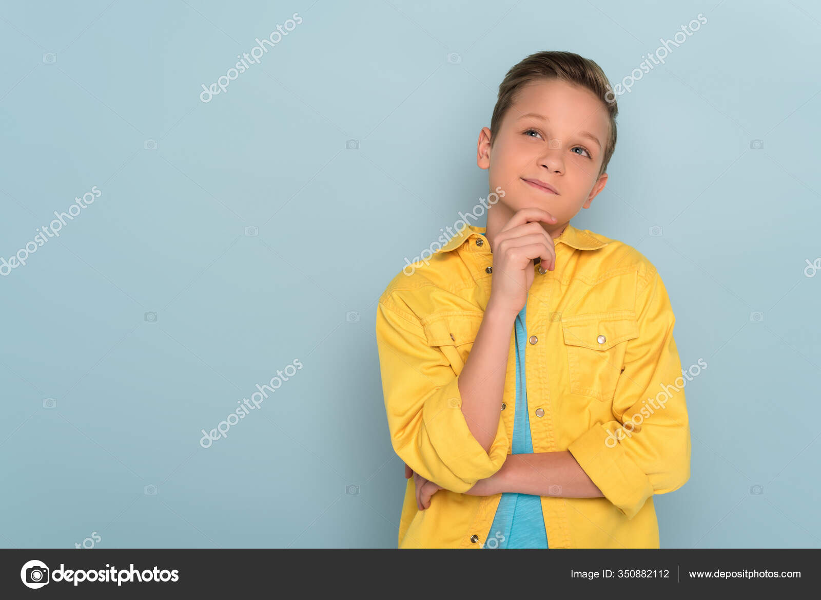 Thoughtful Kid Looking Blue Background Copy Space — Stock Photo ...