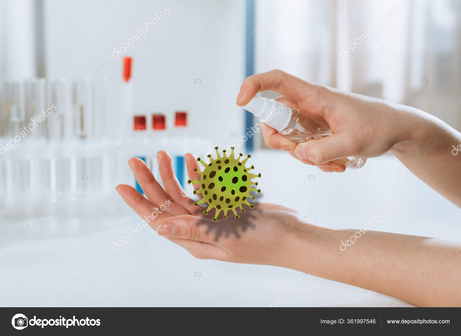 Cropped View Doctor Spraying Antiseptic Hands Test Tubes Bacteria ...