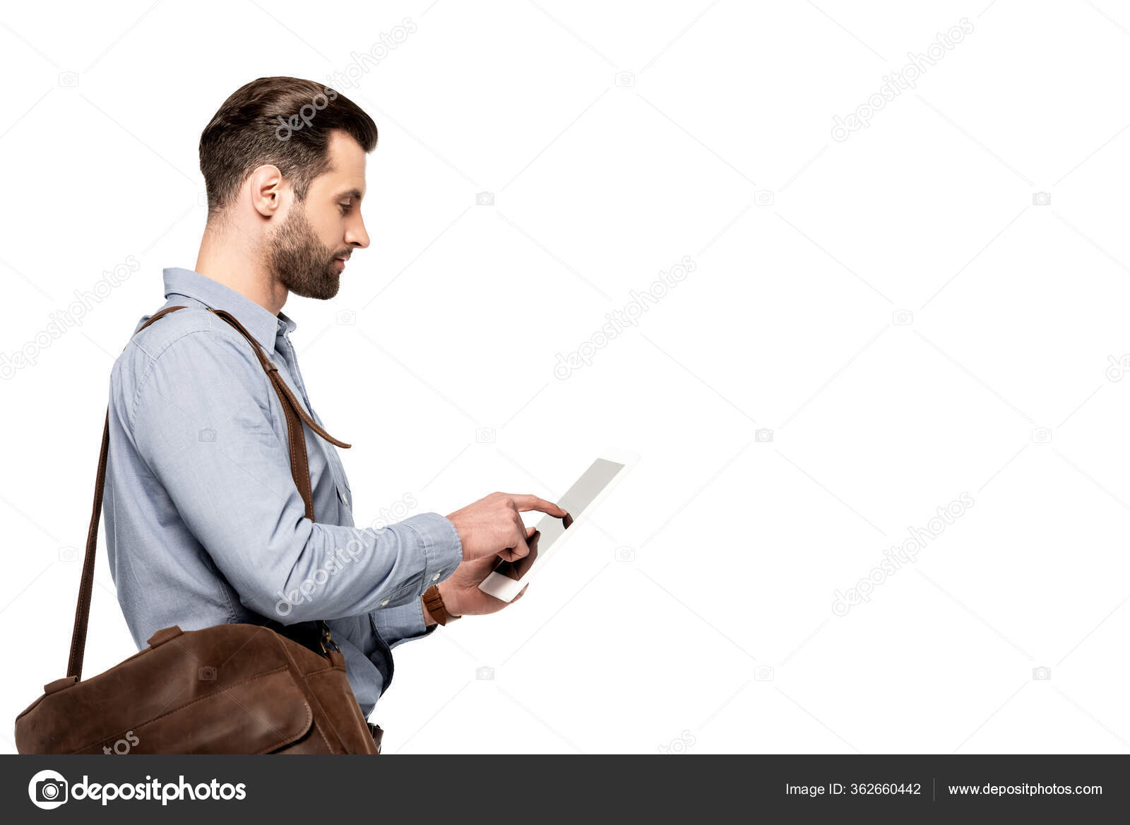 Side View Handsome Man Pointing Finger Digital Tablet Isolated White ...