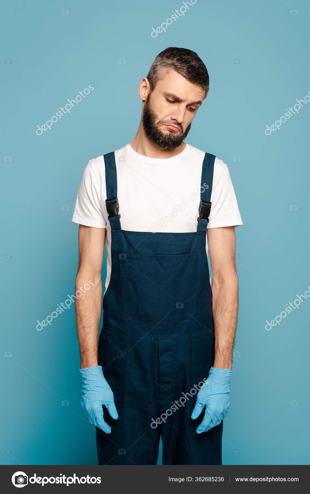 Sad Cleaner Uniform Rubber Gloves Blue Background Stock Photo by ...
