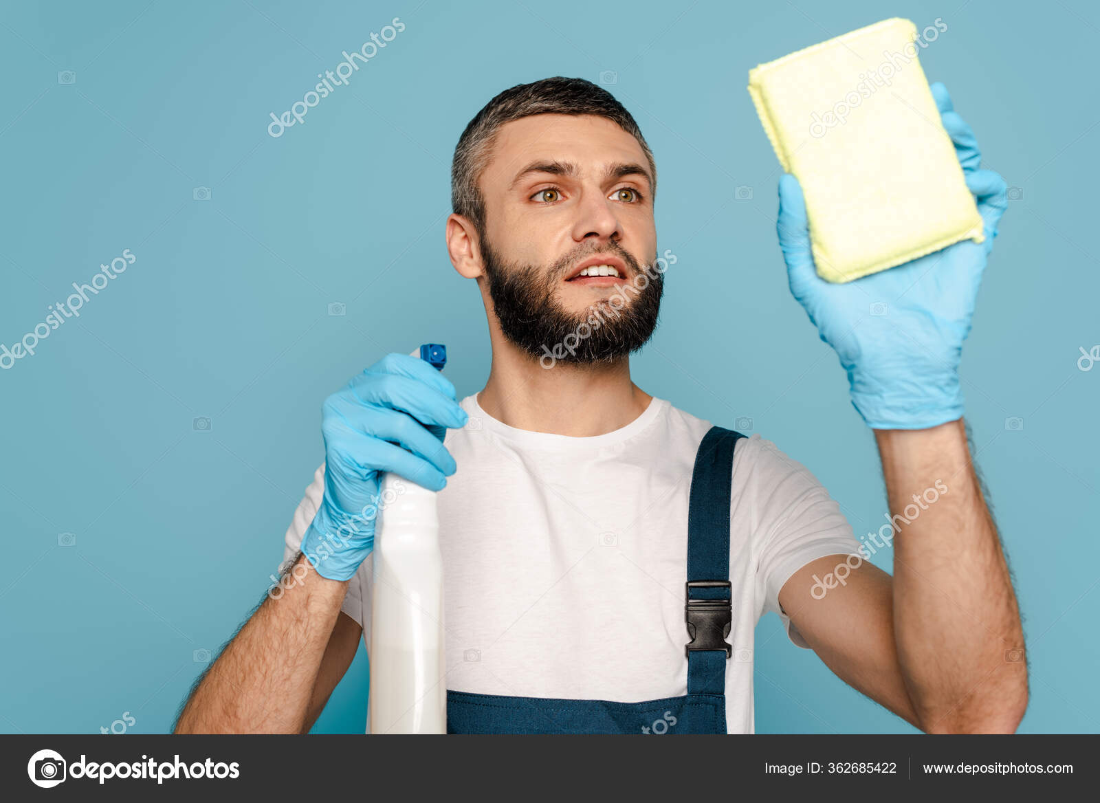 Cleaner Uniform Rubber Gloves Using Detergent Sponge Blue Background ...