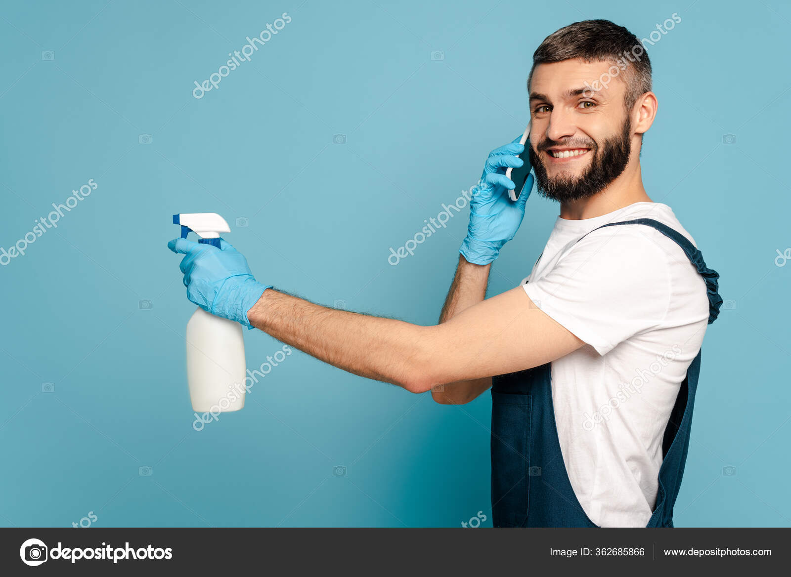 Side View Happy Cleaner Uniform Rubber Gloves Holding Spray Detergent ...