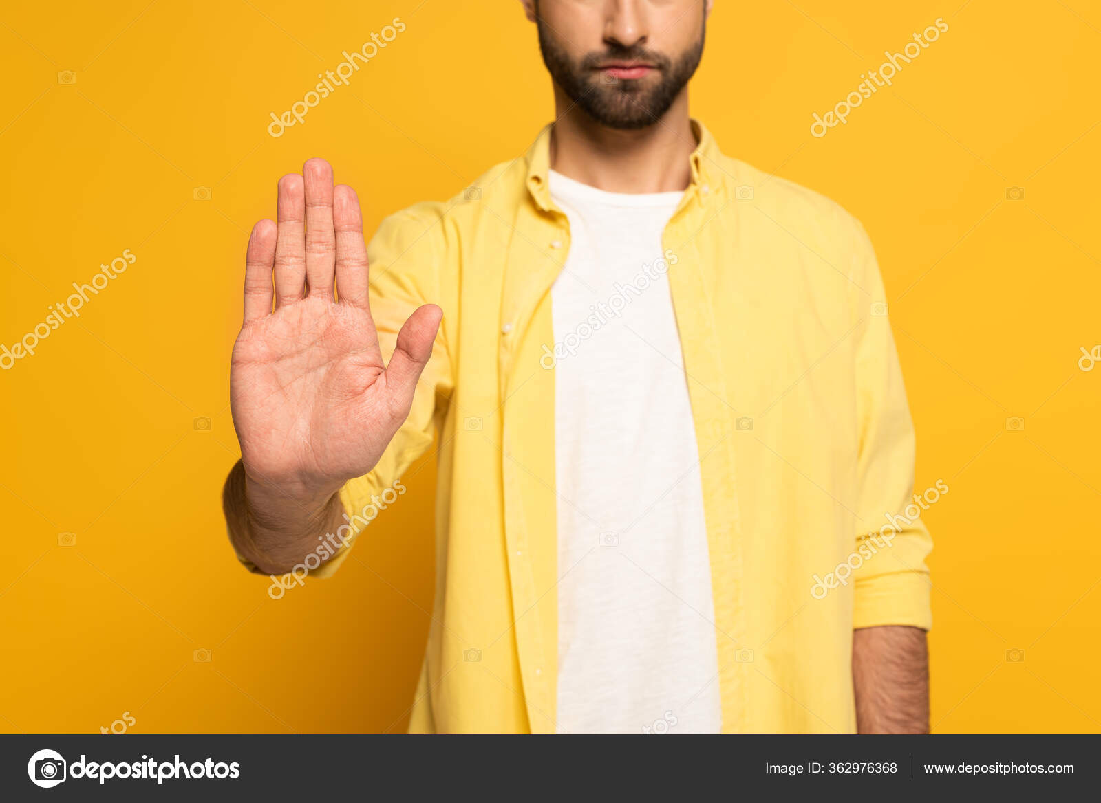 Cropped View Man Showing Stop Sign Yellow Background Stock Photo by ...
