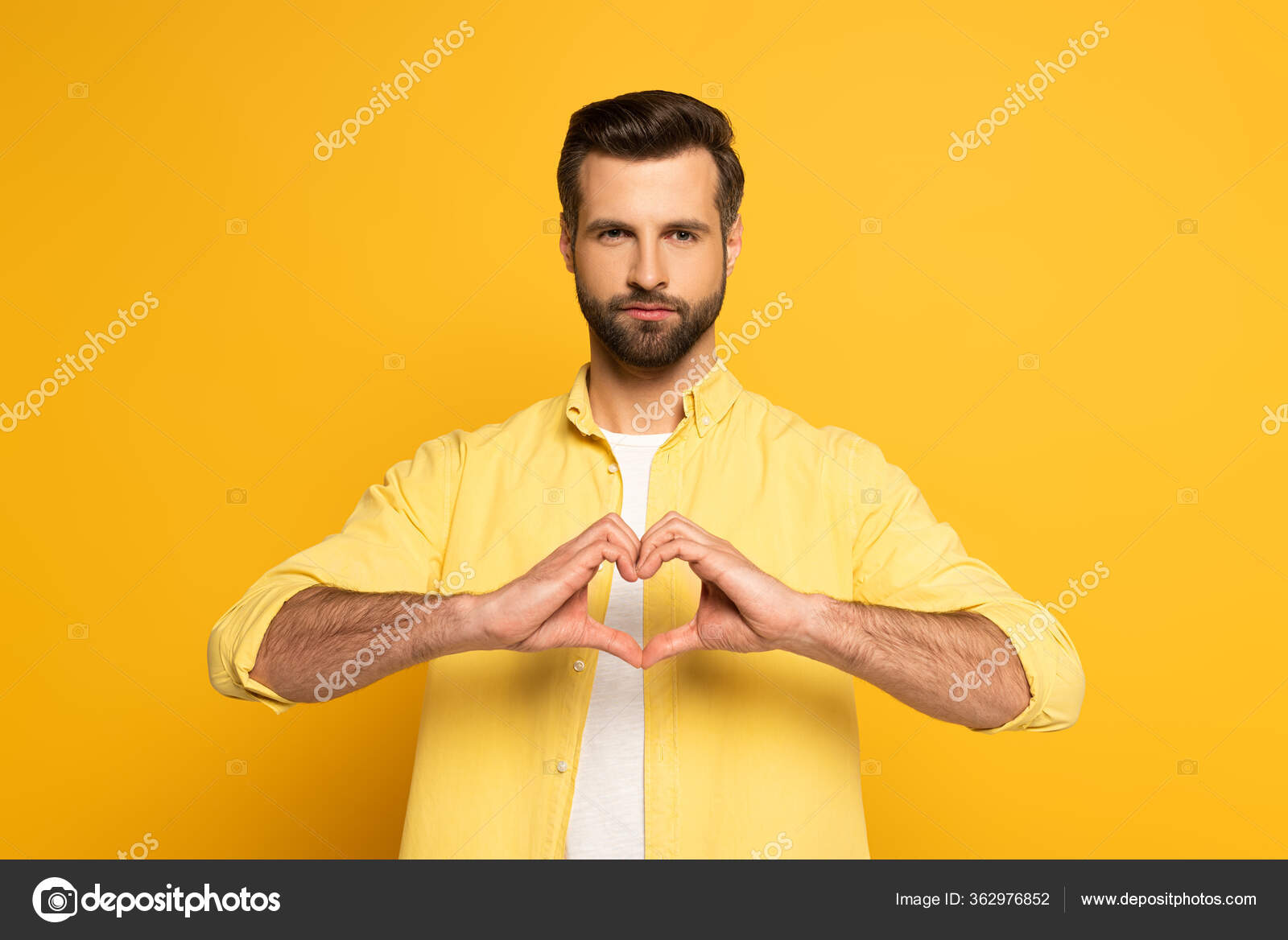 Handsome Man Showing Love Sign Yellow Background — Stock Photo ...