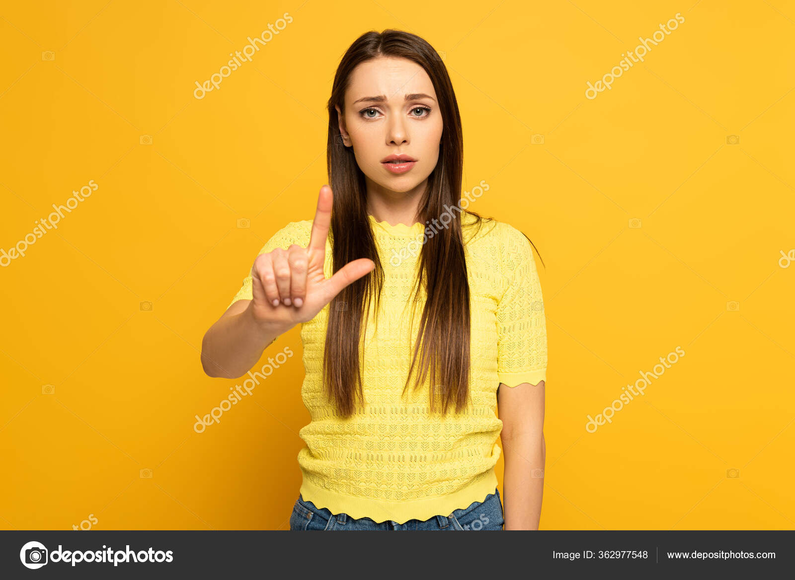 Sad Woman Pointing Finger Looking Camera Yellow Background — Stock ...