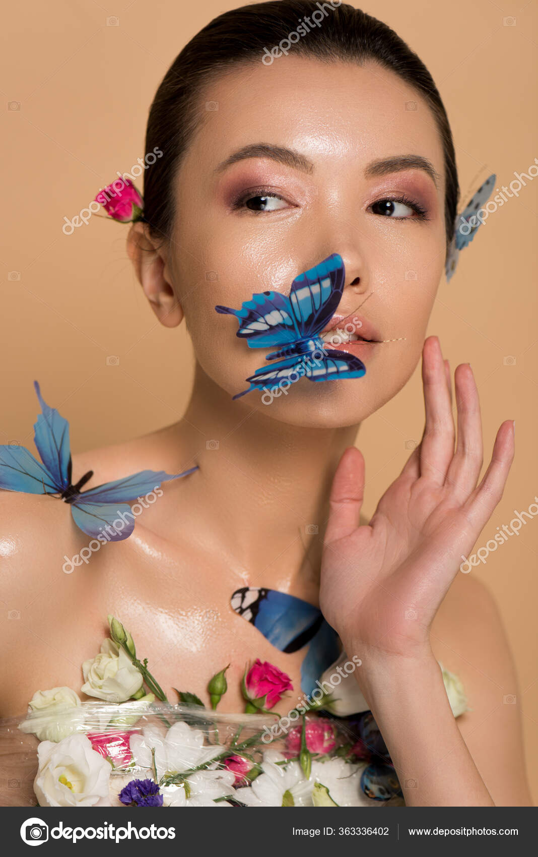 Beautiful Nude Asian Girl Flowers Butterflies Body Isolated Beige Stock