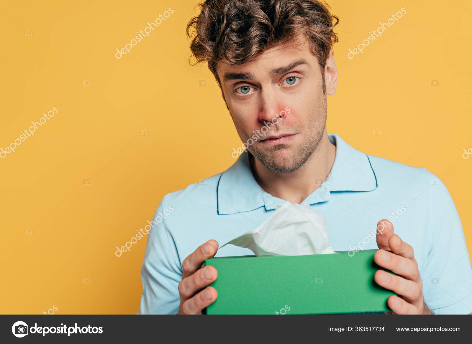 Sad Sick Man Showing Box Napkins Looking Camera Isolated Yellow Stock ...