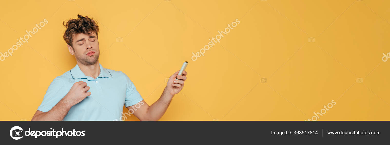 Man Remote Controller Outstretched Hand Suffering Heat Isolated Yellow ...