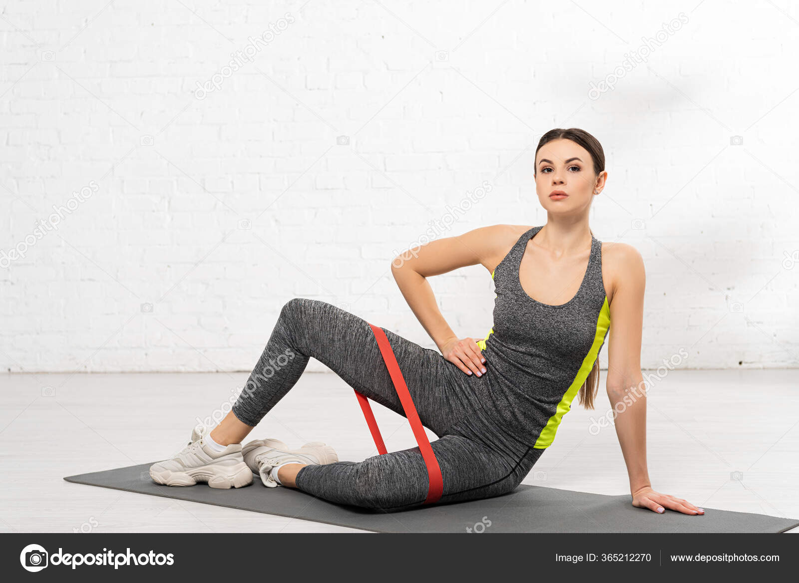 Sportive Woman Hand Hip Working Out Resistance Band Fitness Mat Stock ...