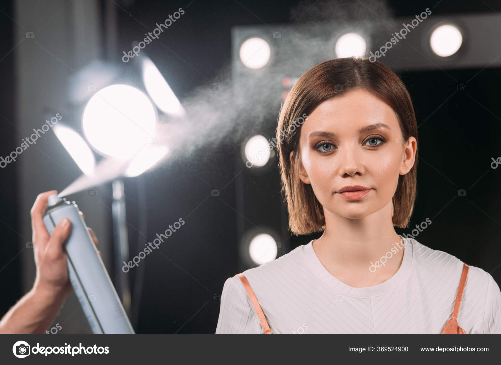 Selective Focus Makeup Artist Using Hair Spray Beautiful Woman Photo ...