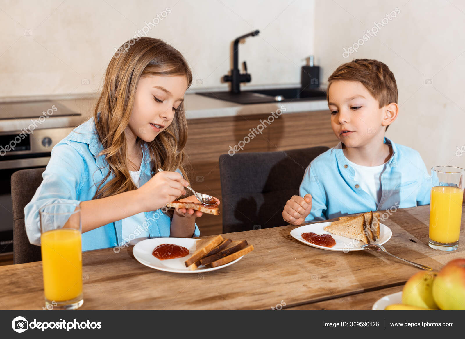Selective Focus Kid Making Toast Jam Brother Home — Stock Photo ...